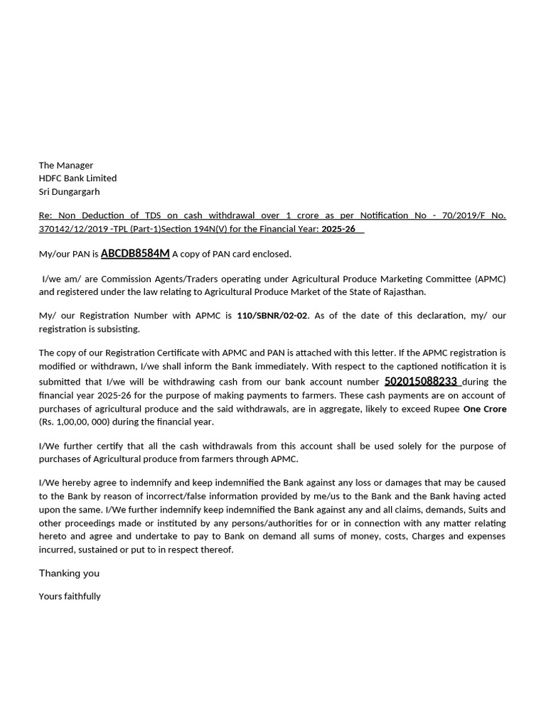 BK HDFC Cash Limit Exceed Form | PDF