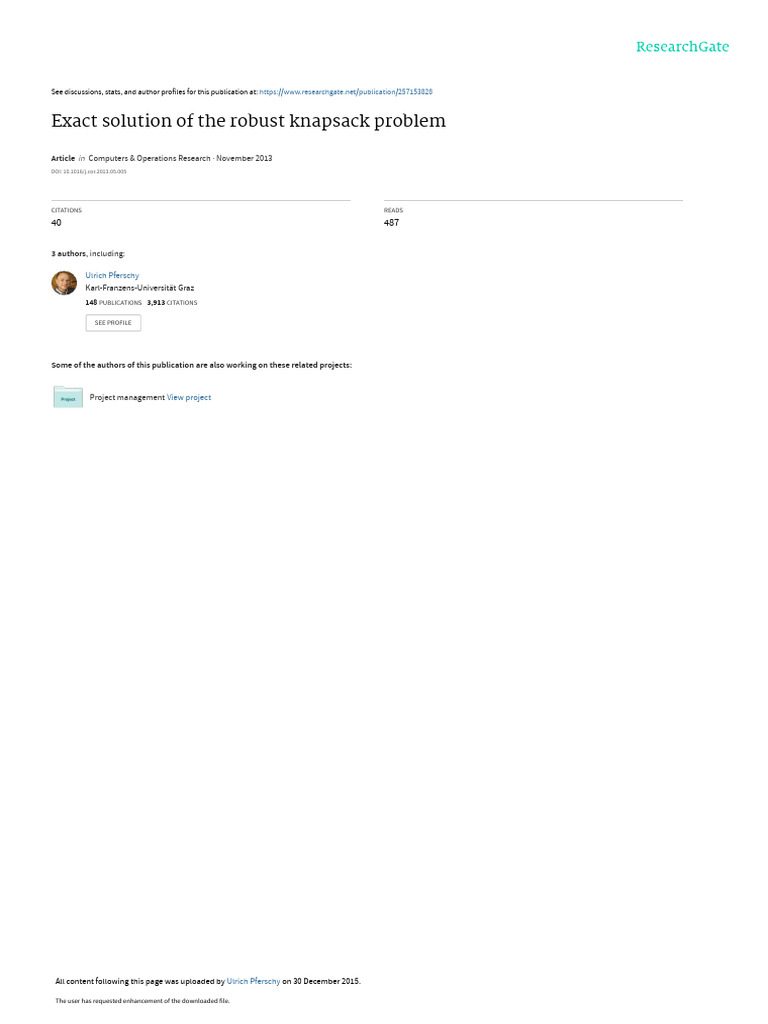 Exact Solution of The Robust Knapsack Problem | PDF | Dynamic Programming | Computer Programming