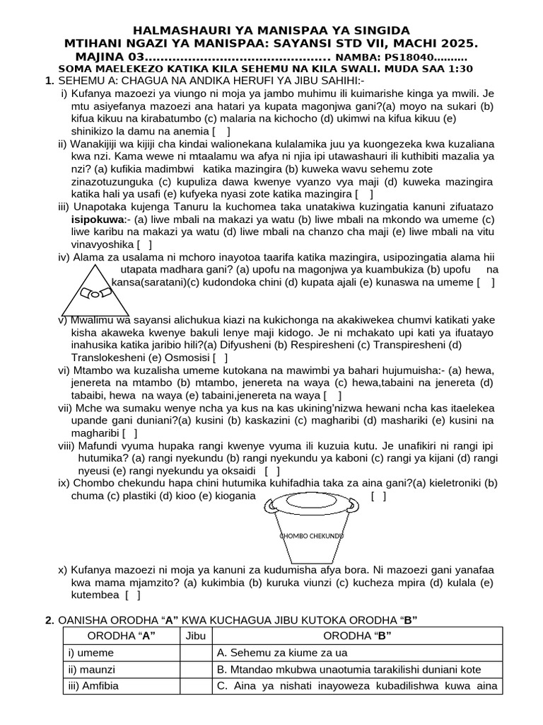 Sayansi STD Vii Machi 2025 | PDF
