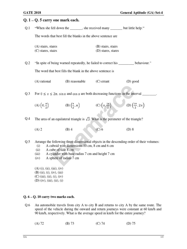 GATE 2018 General Aptitude Set-4 Questions | PDF | Area | Euclidean ...