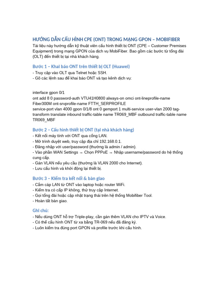 Huong Dan Cau Hinh CPE GPON MobiFone | PDF