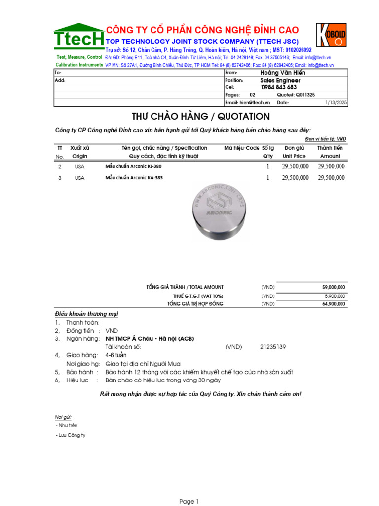 Q011425 Mẫu Chuẩn Arconic KJ-380, KA-383 | PDF