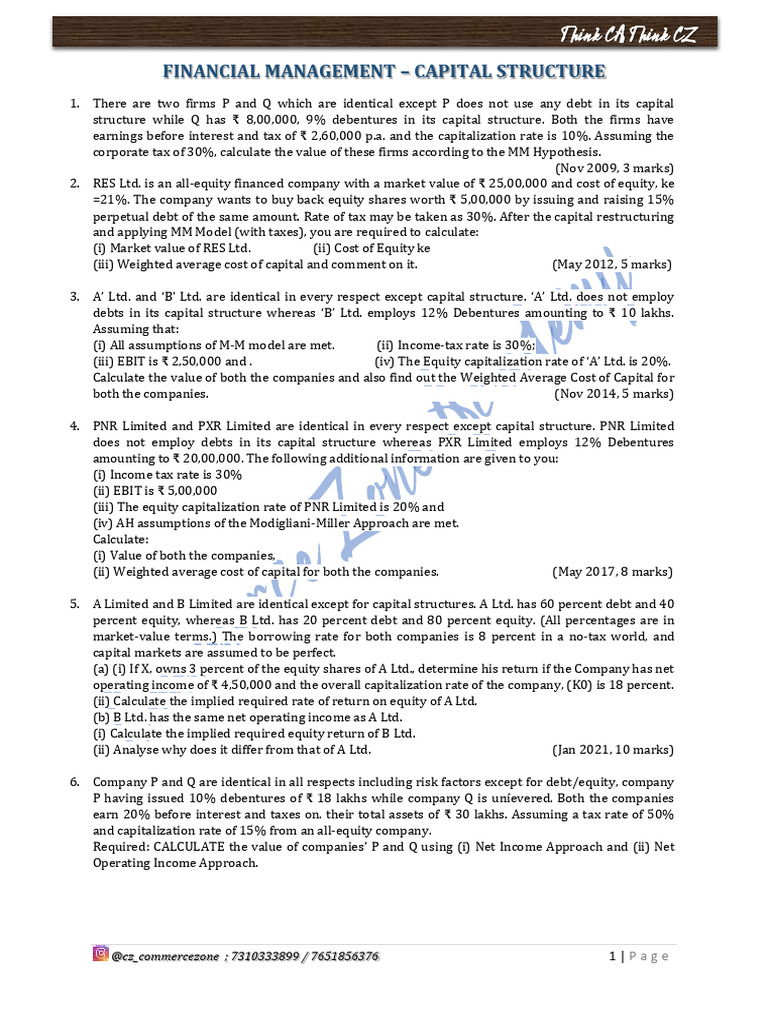 CZ Capital Structure PY QUESTIONS | PDF | Capital Structure | Cost Of ...