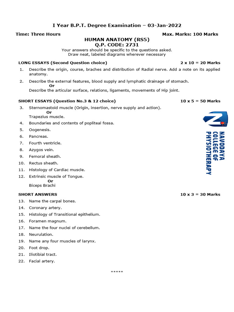 RGUHS 1st BPT Jan 2022 QP Question Paper BPT | PDF | Metabolism ...