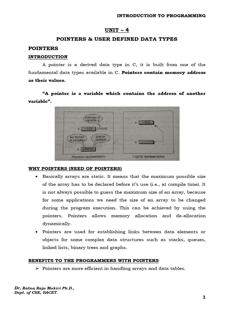 UNIT 4 Pointers Userdefineddatatypes R23 | PDF | Pointer (Computer Programming) | Variable ...