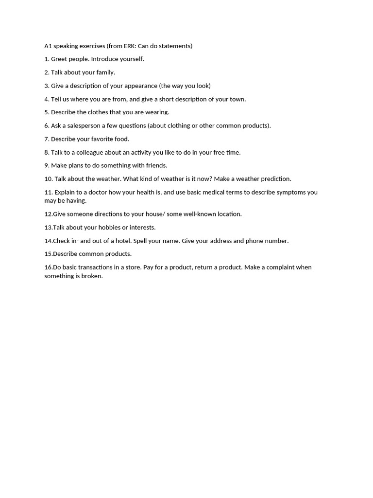 A1 A2 Speaking Exercises | PDF