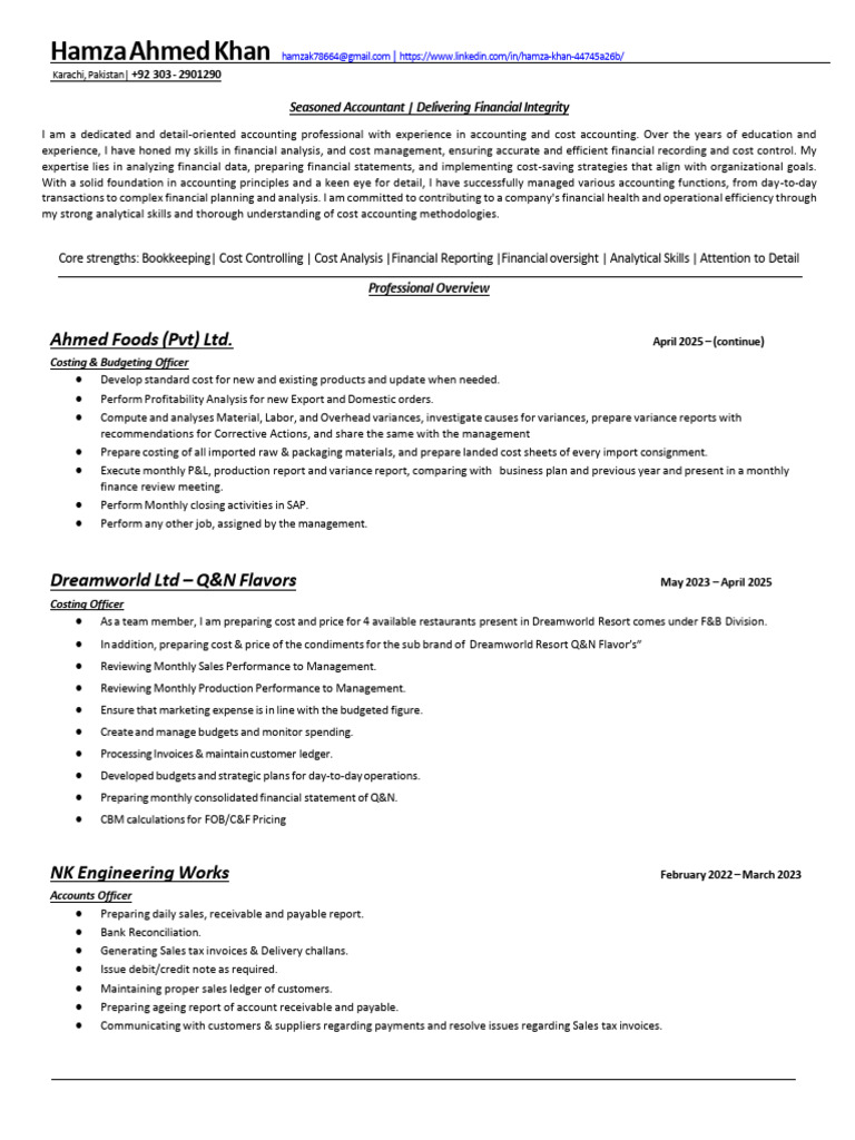 Hamza Ahmed Khan - Resume | PDF | Cost Accounting | Accounting