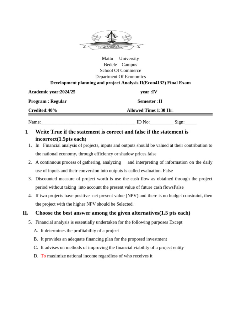Planning and Project Final Exam (2017) | PDF | Net Present Value ...