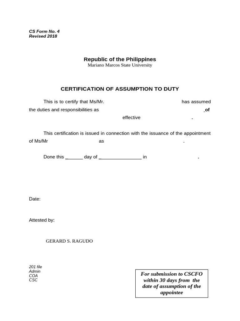 CS Form No. 4 Certification of Assumption To Duty Blank | PDF
