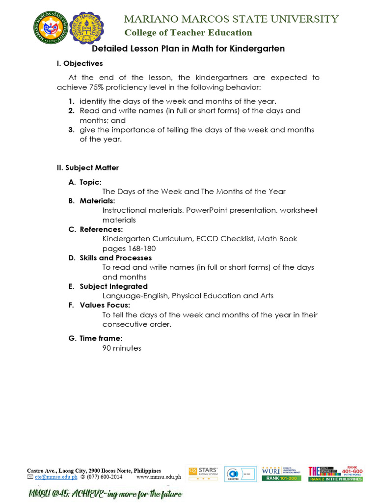 2nd Draft Detailed Lesson Plan in Math For Kindergarten | PDF