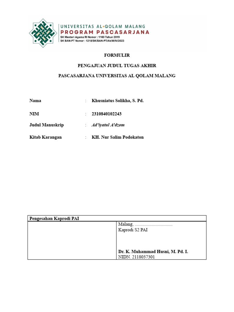 Formulir Pengajuan Judul Manuskrip | PDF