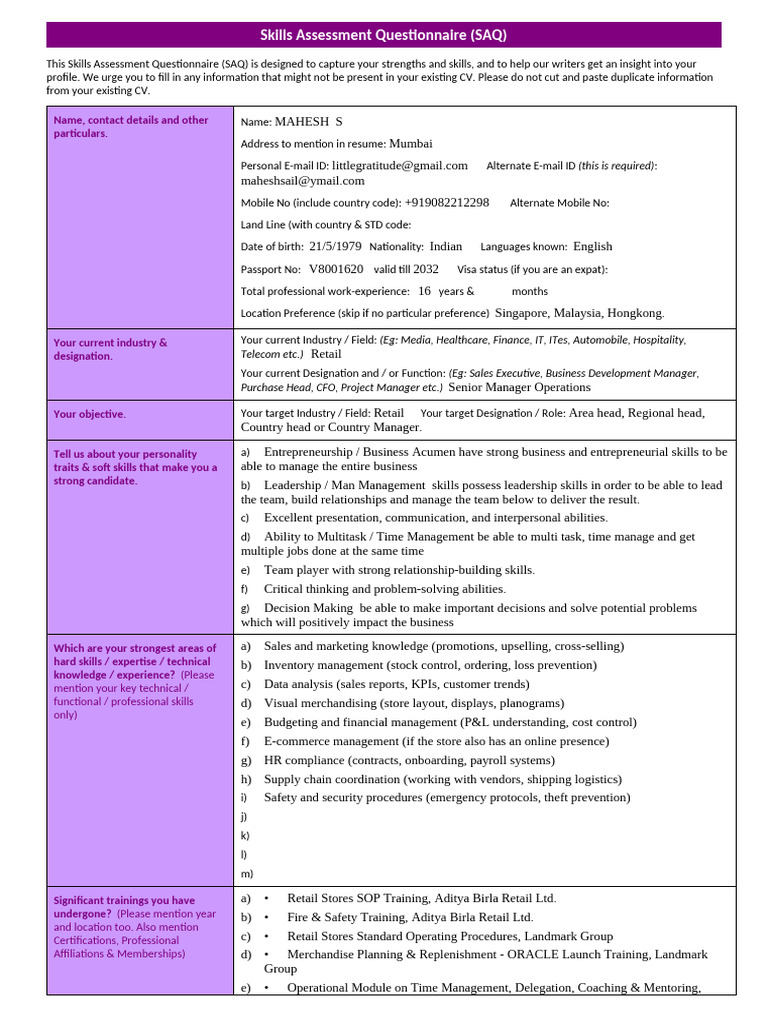 Skills Assessment Questionnaire SAQ | PDF | Business