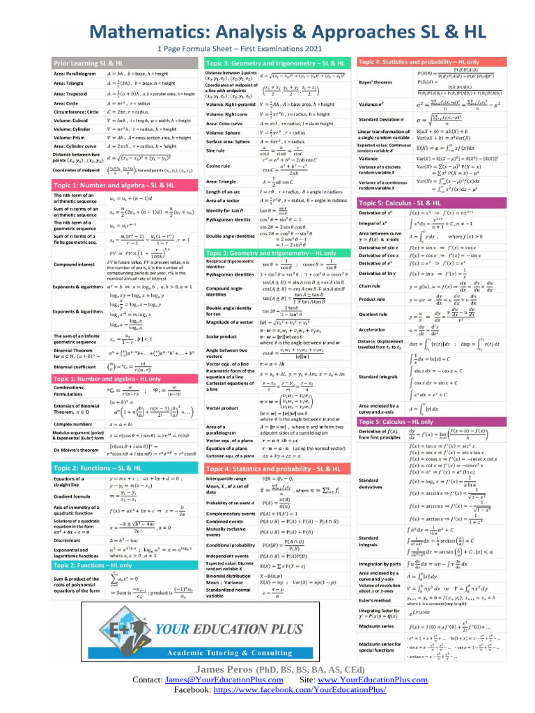 IB Maths AA Formula Booklet (YEP) | PDF