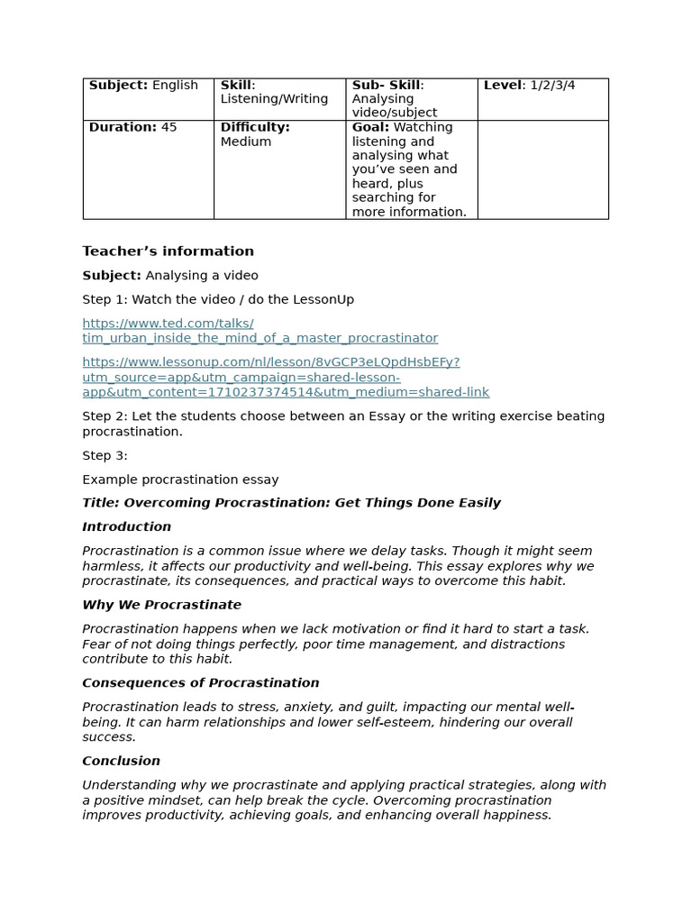 Analyzing Procrastination: Video Lesson | PDF | Professional Skills ...