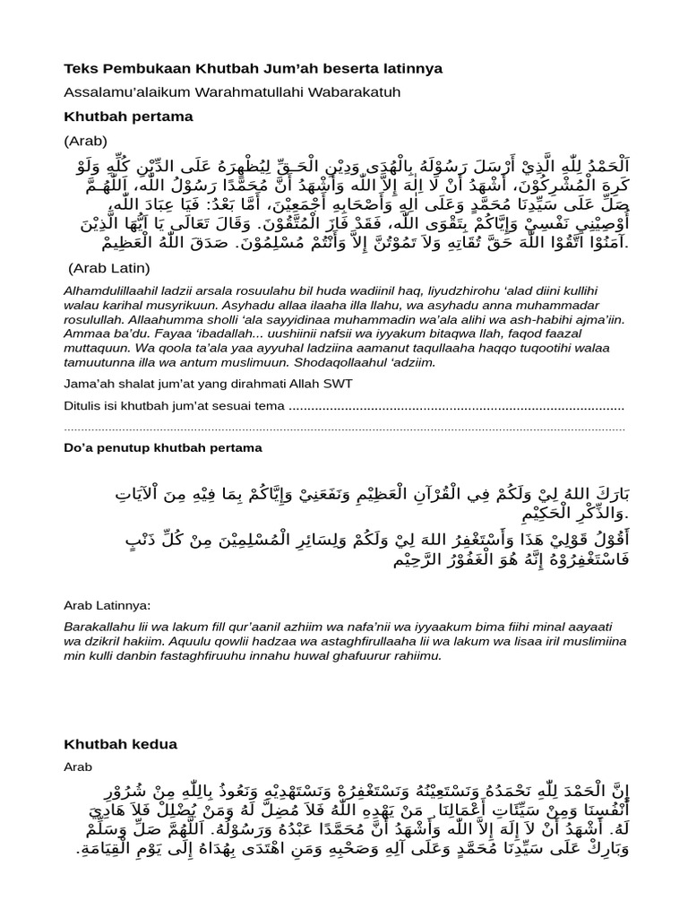 Pembukaan Khutbah Jum'ah Arab-Latin | PDF