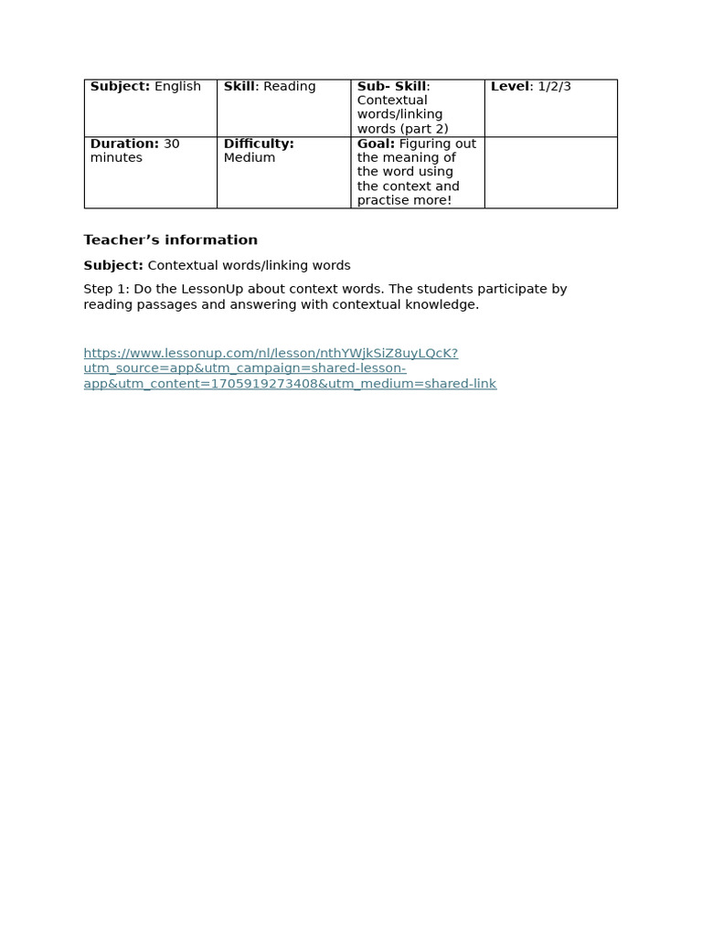 Lessonplan Reading Context Part 2 | PDF