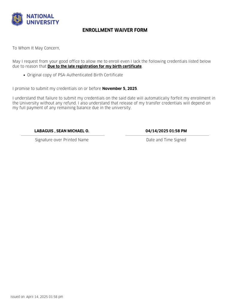 Enrollment Waiver Form - 363474 | PDF