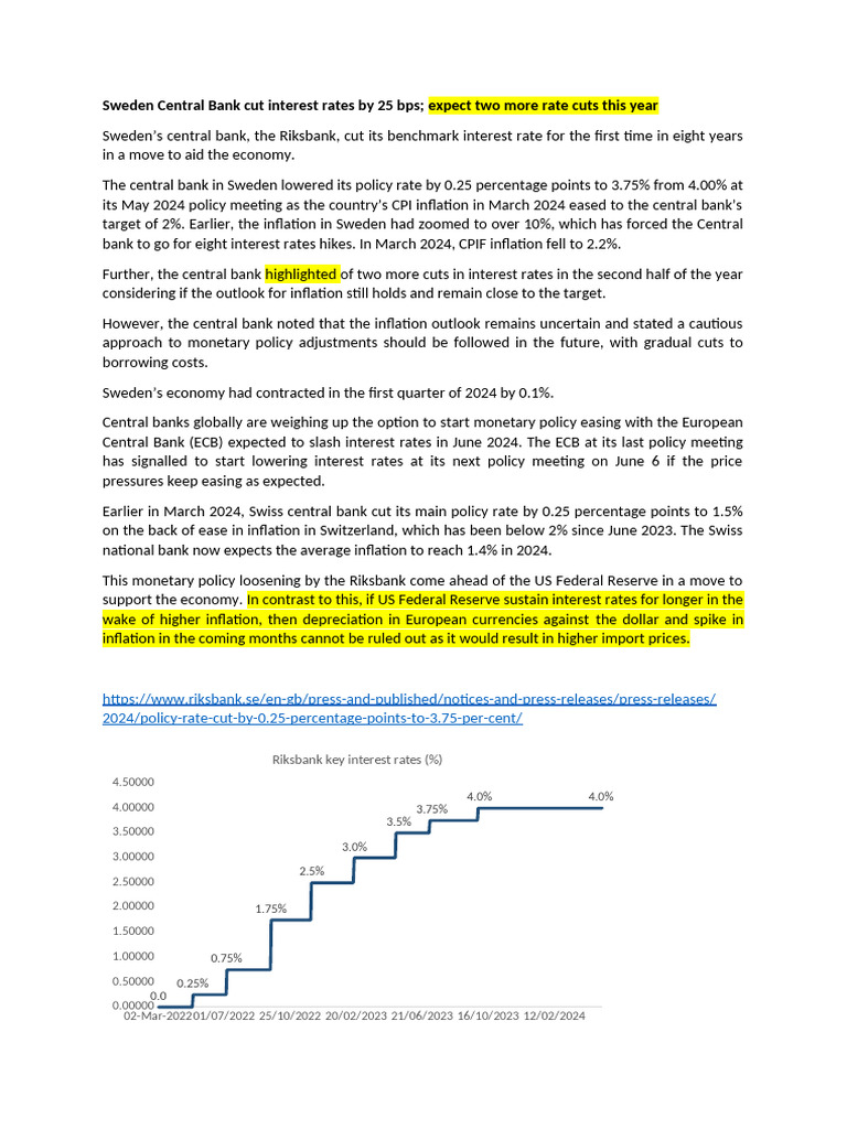 Sweden Central Bank Cuts Rates to 3.75% | PDF | Central Banks | Inflation