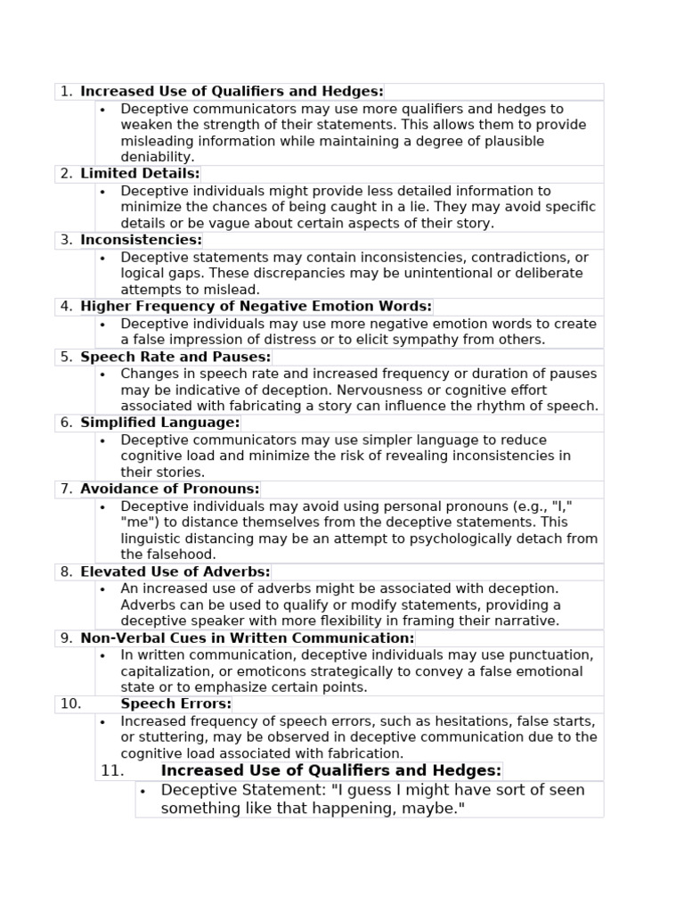 Increased Use of Qualifiers and Hedges | PDF | Deception | Nonverbal ...