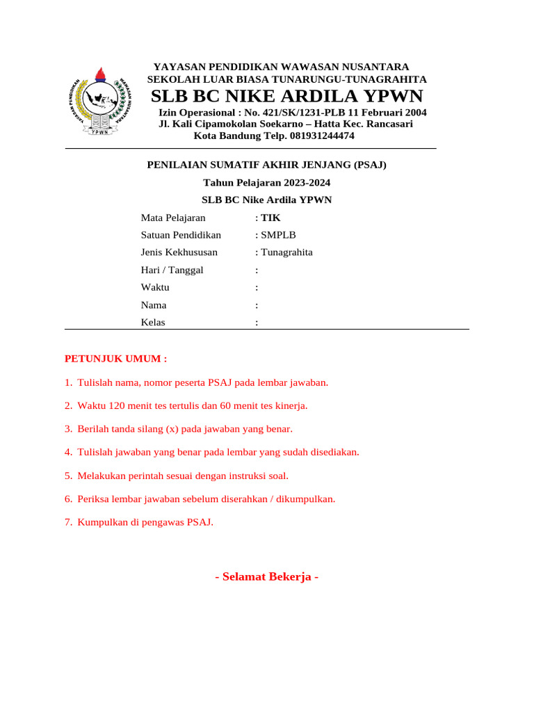 Soal Psaj Tik SMPLB 2024 | PDF