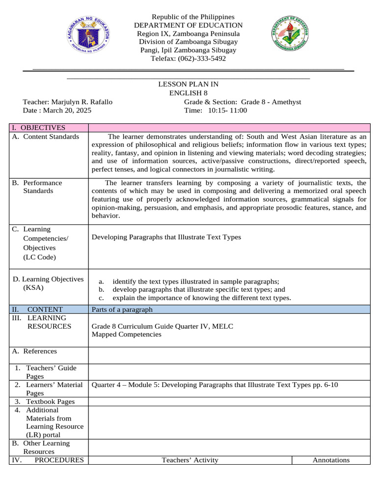 DLL Type of Lesson Plan CO 4 | PDF | Foods | Pregnancy