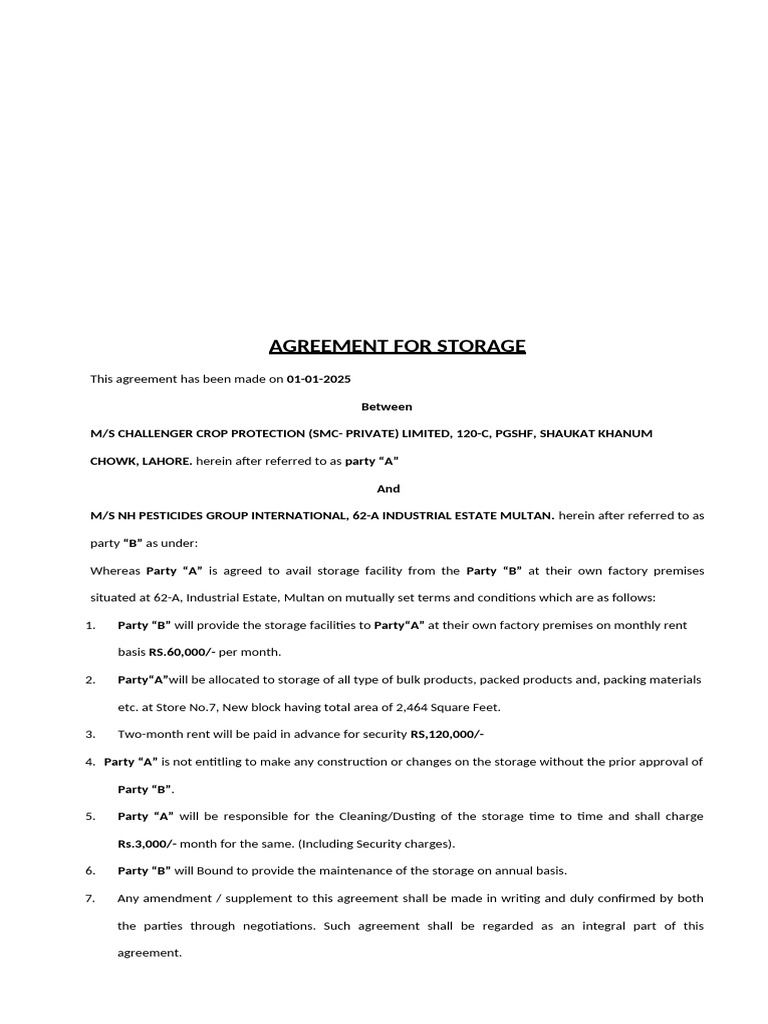 Storage Agreement Between Two Companies | PDF | Real Property Law