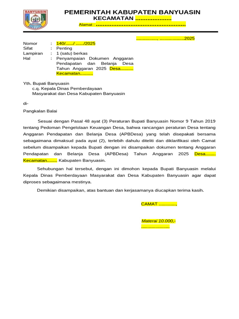 Surat Permohonan Camat Ke PMD Terkait Apbdes 2025 | PDF