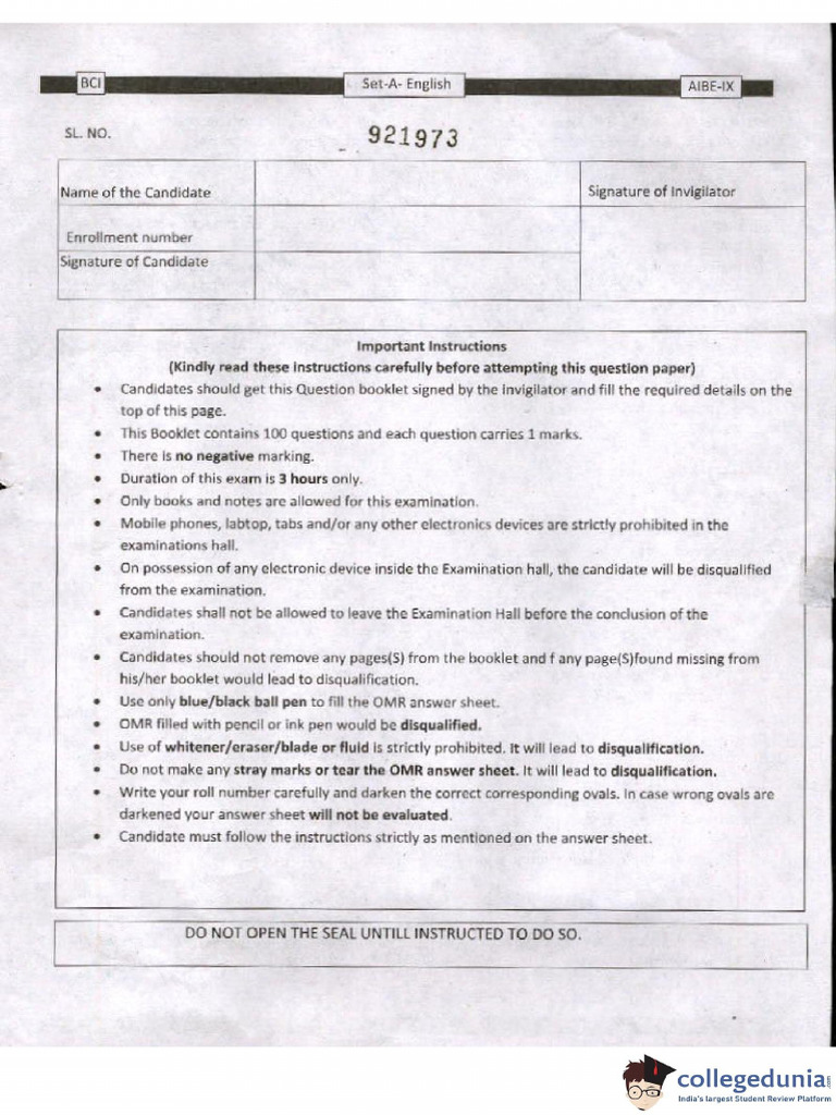 AIBE 9 Question Paper Set A | PDF