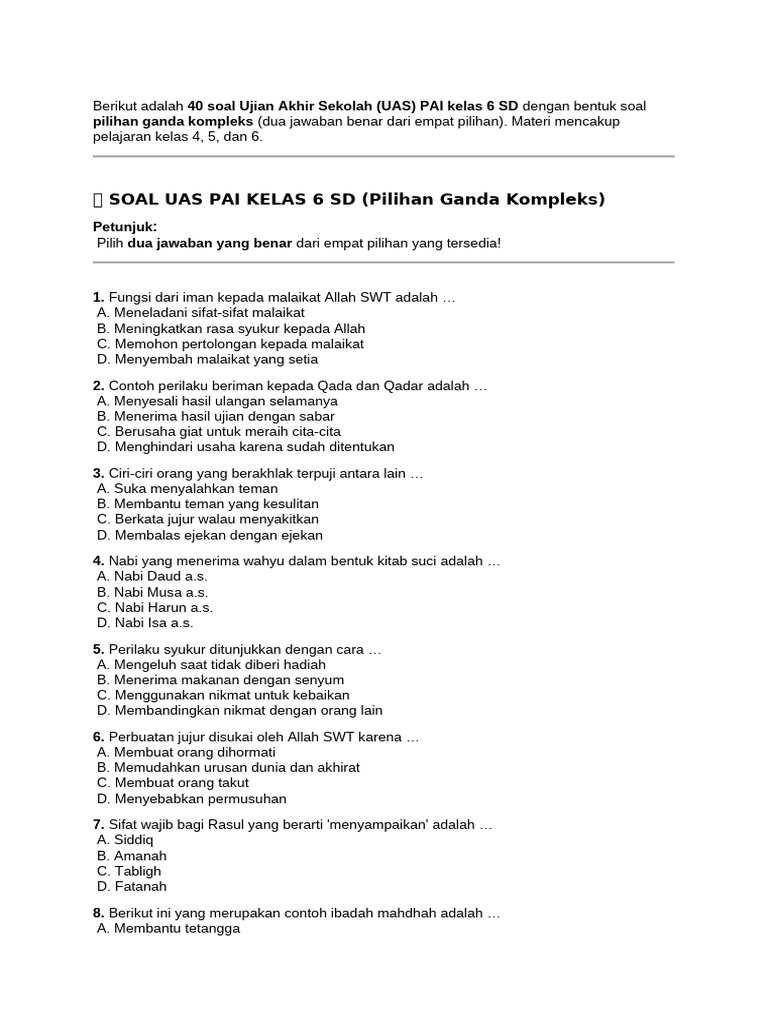 Ujian Akhir Sekolah (UAS) PAI Kelas 6 SD | PDF
