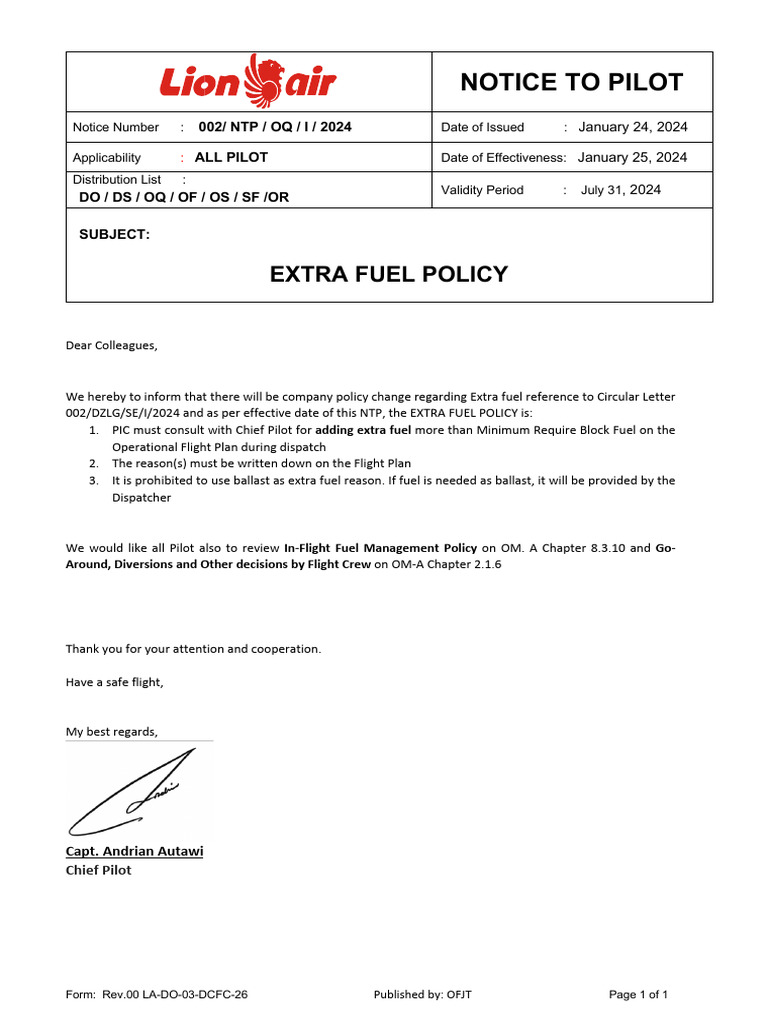 NTP 002. Extra Fuel Policy | PDF