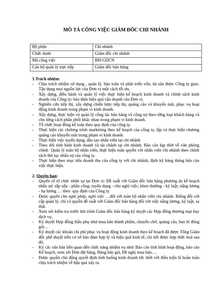 3 MTCV Giam Doc Ban Hang Chi Nhanh | PDF