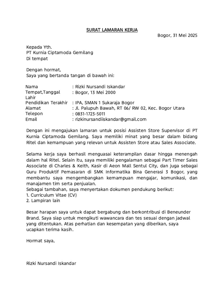 KCG Surat Lamaran Kerja Rizki Nursandi Iskandar) | PDF
