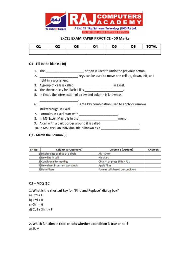 Excel Exam Paper Practice - 50 Marks | PDF | Microsoft Excel | Software ...