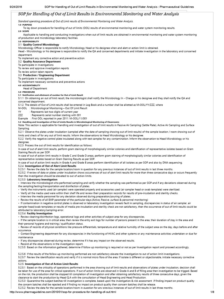 SOP For Handling of Out of Limit Results in Environmental Monitoring and Water Analysis | PDF ...
