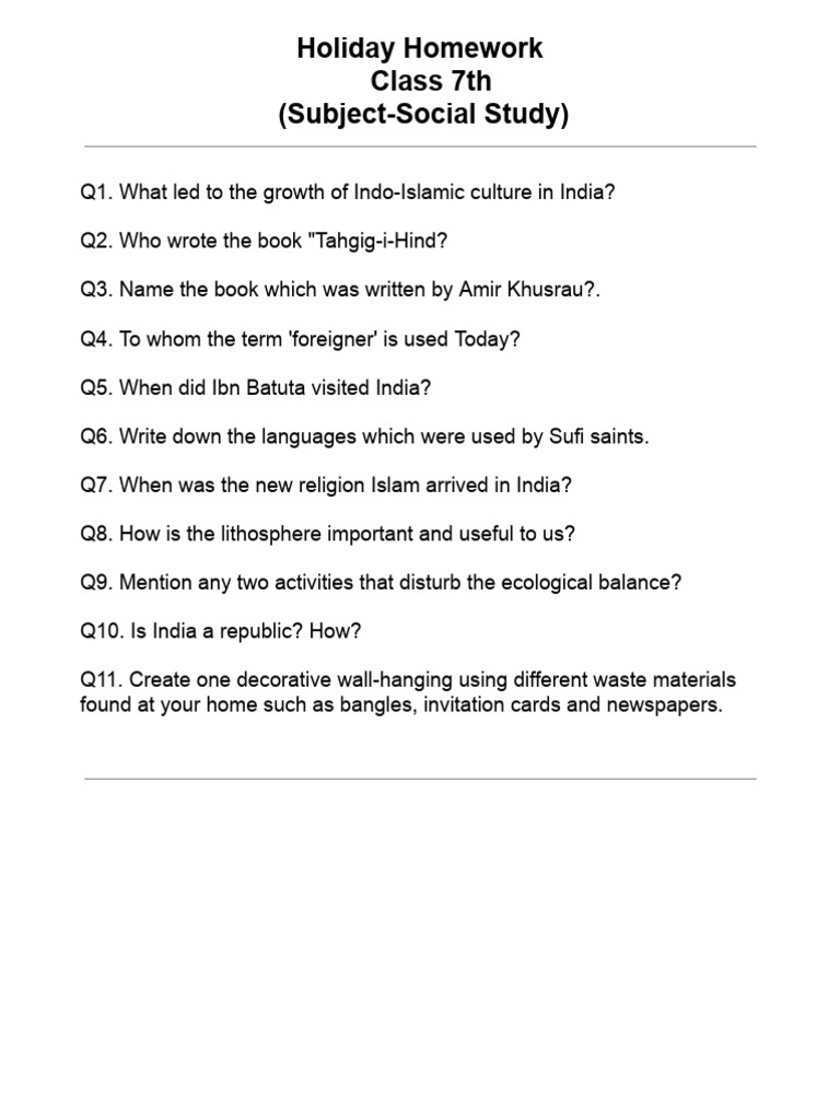 Class 7th Holiday Homework (Subject-Social Study) | PDF
