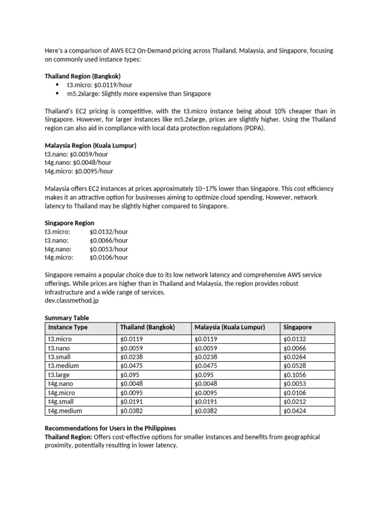 AWS EC2 Prize Comparison Thailand, Malaysia and Singapore | PDF | Computer Engineering ...