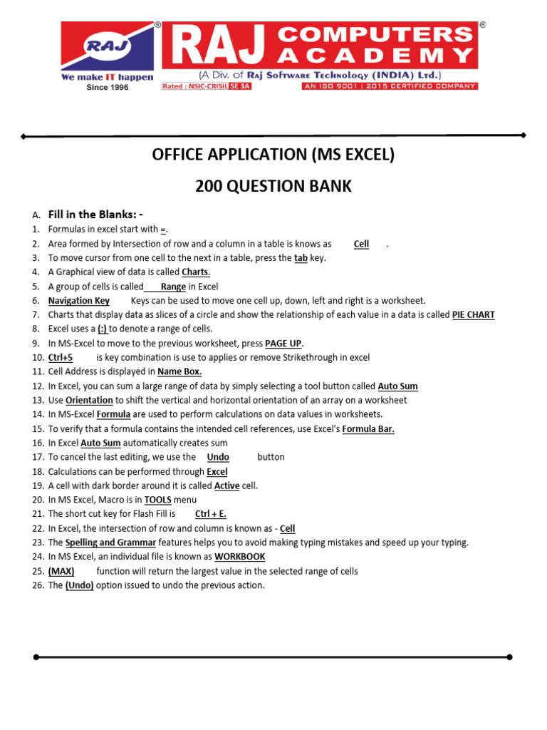 MS Excel Question Bank and Answers | PDF | Microsoft Excel | Spreadsheet