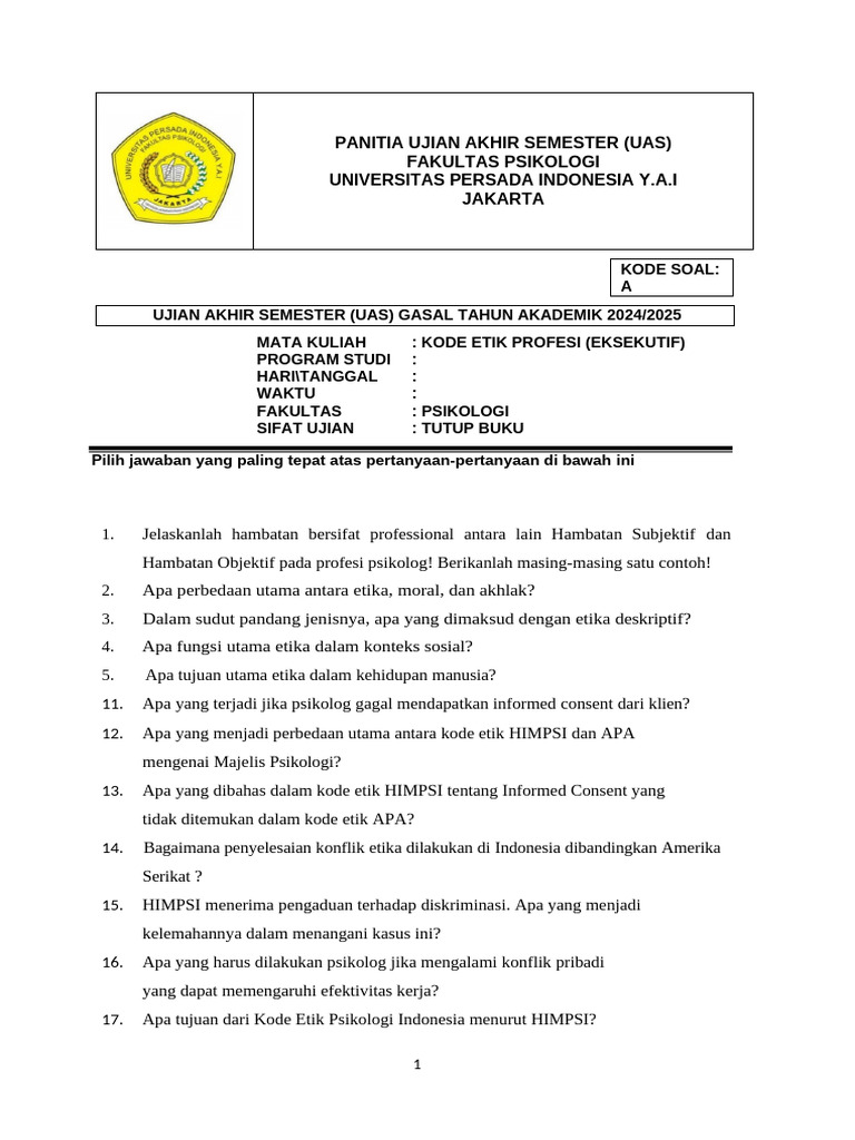 Ujian - Online - 3 - Soal Esai Uas Kode Etik Profesi (Eksekutif) Gasal 24-25 | PDF
