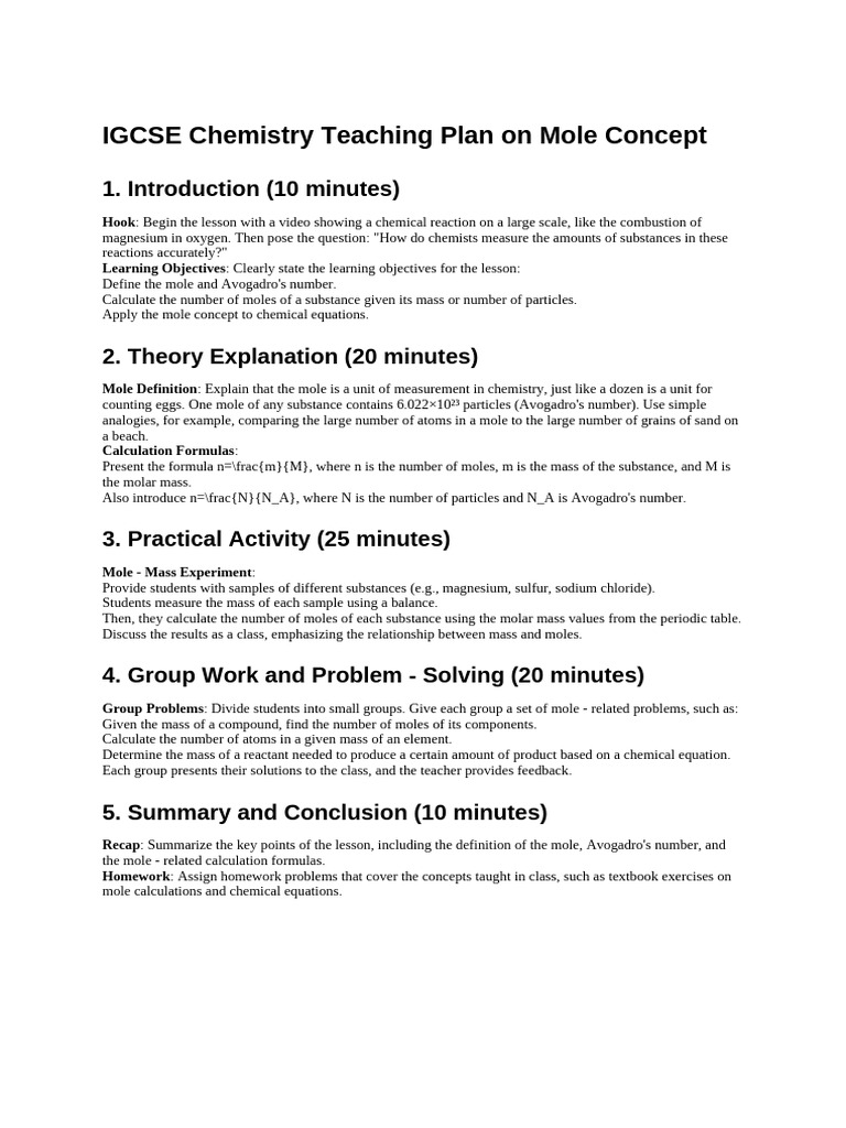 IGCSE Chemistry: Mole Concept Lesson Plan | PDF