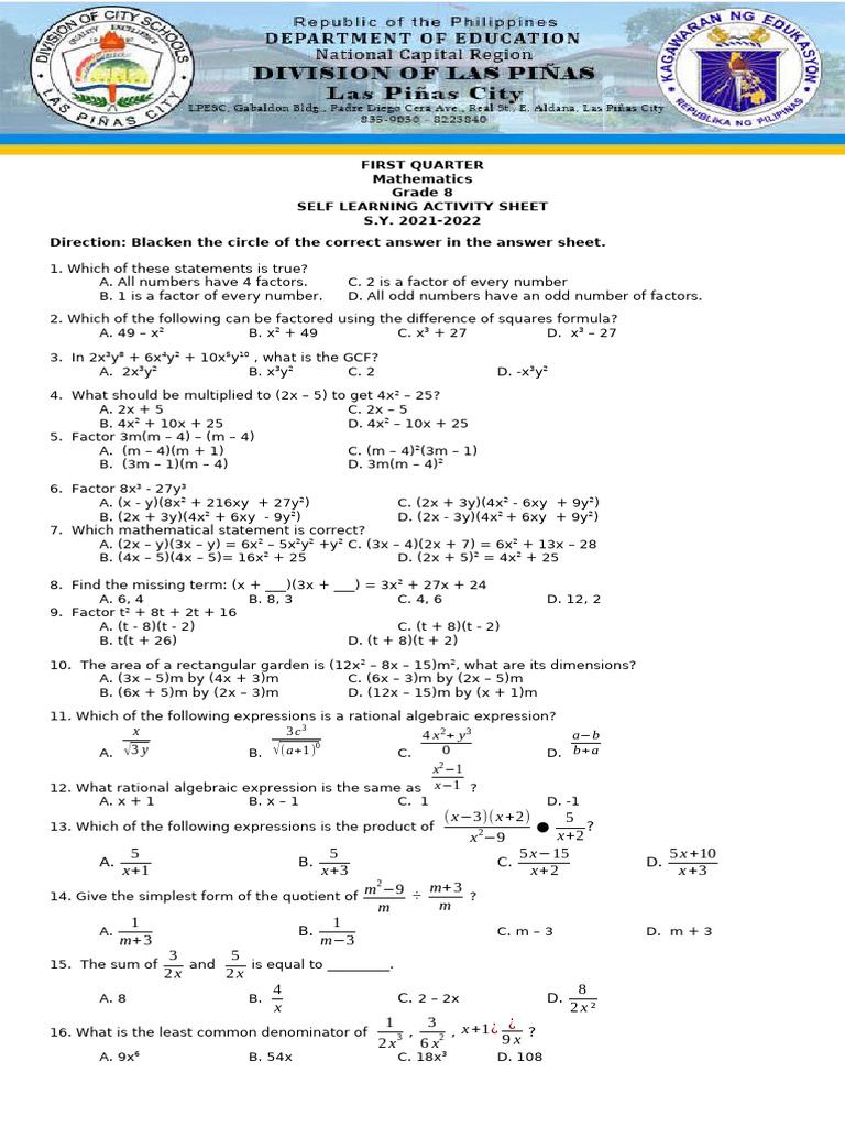 Q1 Self Learning Activity Sheet | PDF | Elementary Mathematics ...