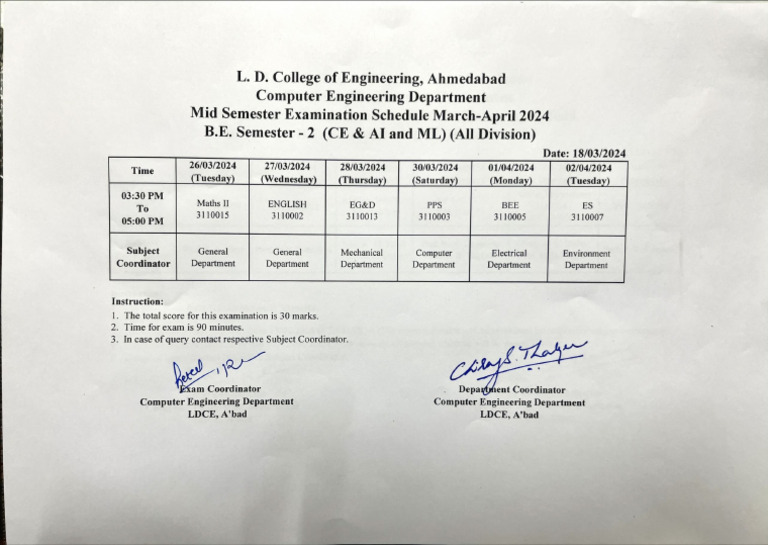 Be Semester 2 Mid Semester Examination Schedule 2024 2Psn8C | PDF