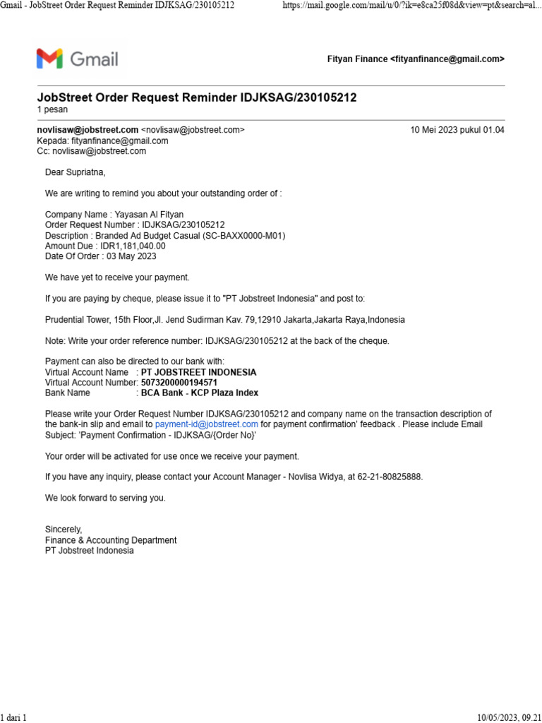 JobStreet Payment Reminder IDJKSAG/230105212 | PDF