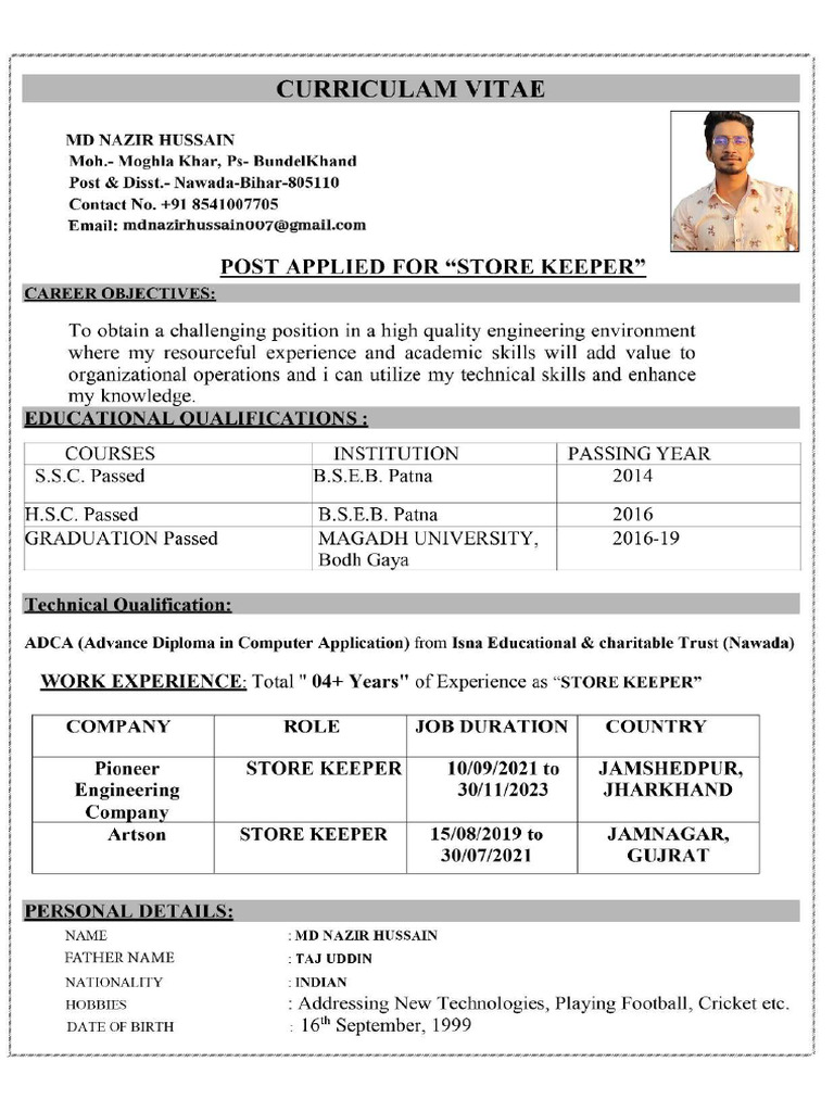 Nazir Store Keeper CV | PDF