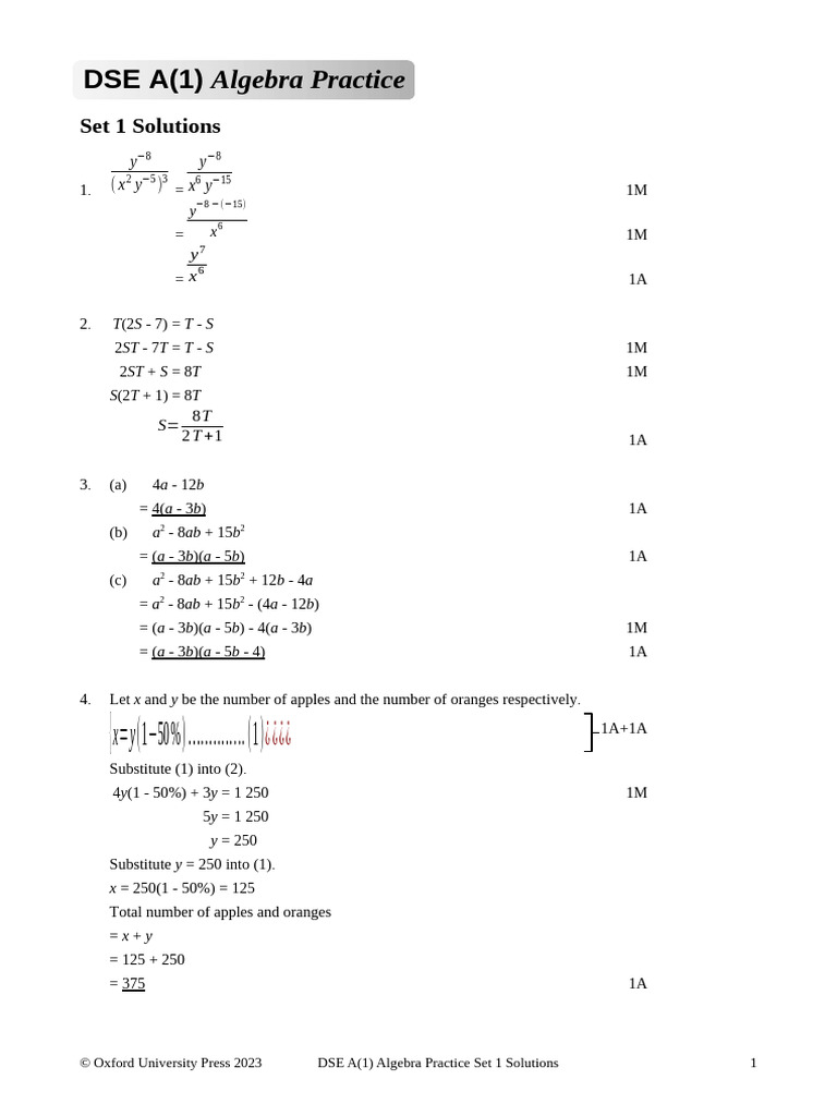 OSM A1Algebra Set1 Sol e | PDF