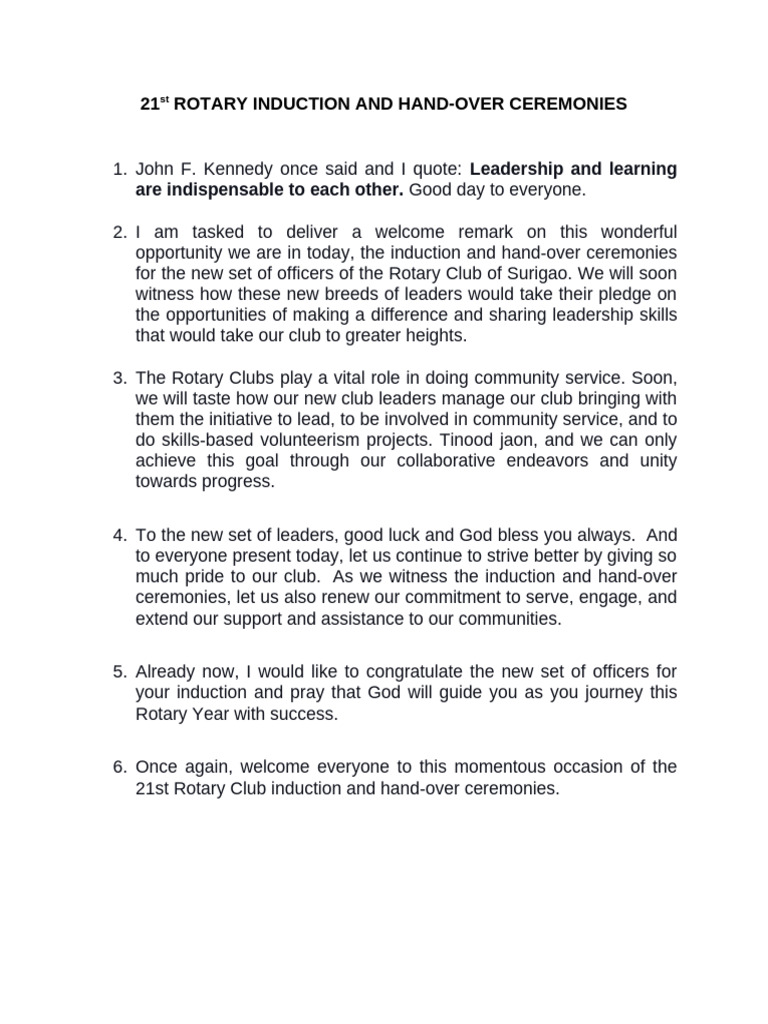 21st Rotary Induction and Hand-Over Ceremonies | PDF