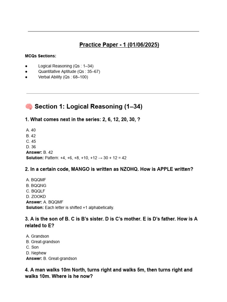 Practice Paper - 1 - Logical Reasoning, Quantitative Aptitude, and Verbal Ability - MCQs With ...