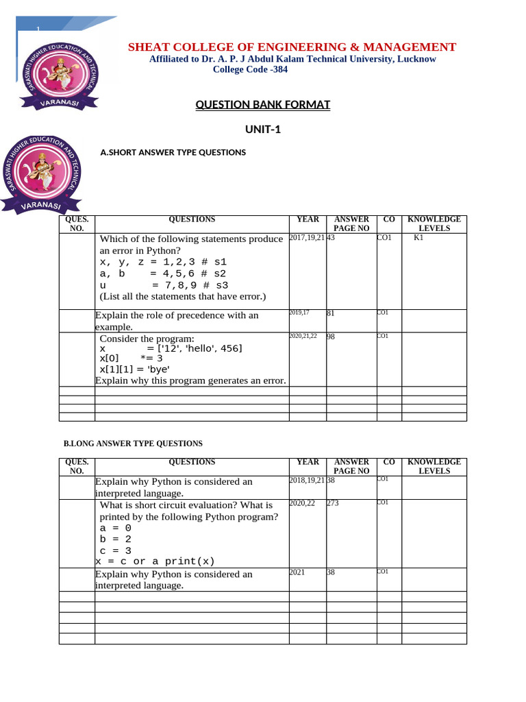Python PYQ BANK FORMAT | PDF | Python (Programming Language) | Function (Mathematics)