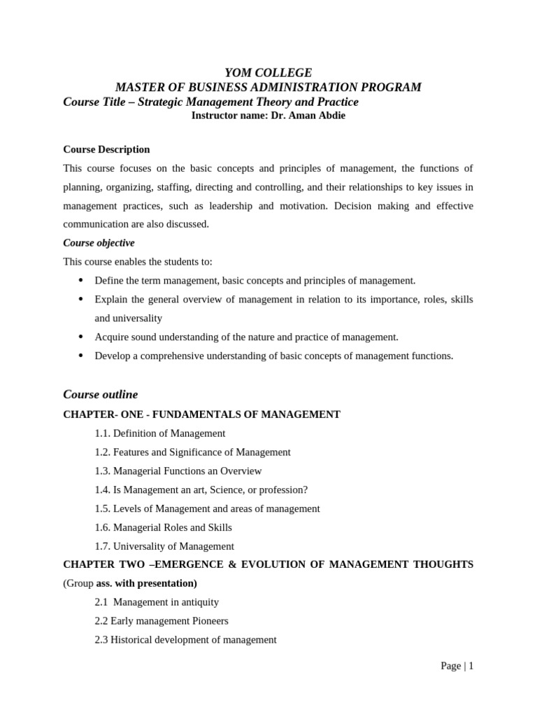 Course Outline For Strategic Management Theory and Practice | PDF ...