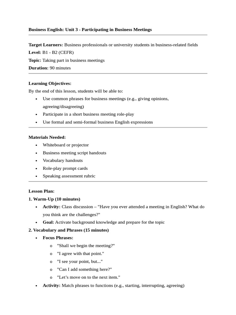 Business English Lesson Plan Example | PDF | Lesson Plan | English Language