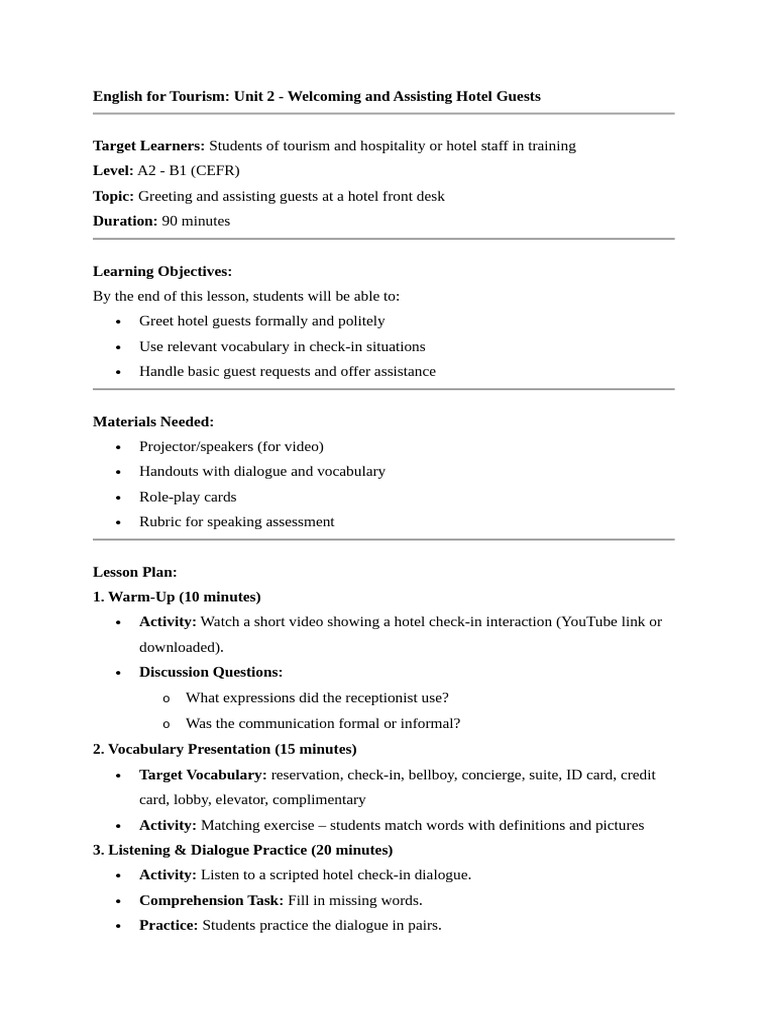 English For Tourism Lesson Plan Example | PDF | Vocabulary | Language ...